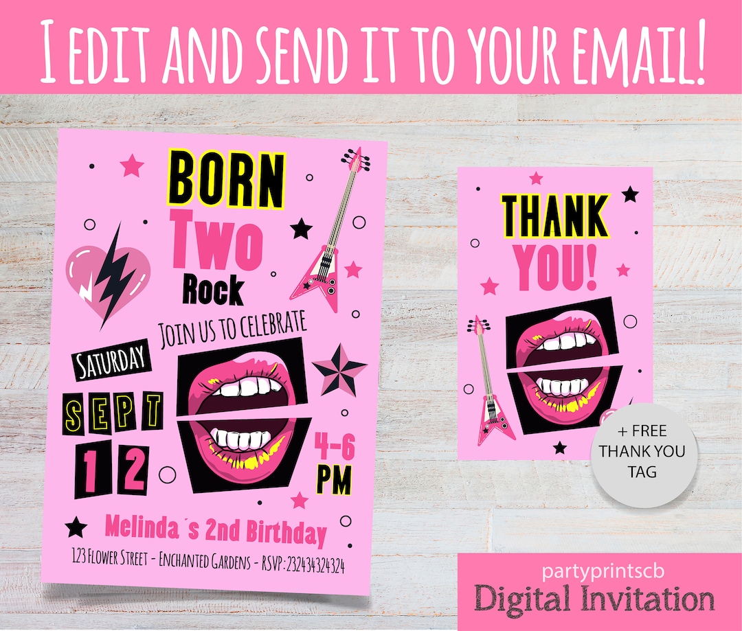 Girl Two Rock Invitation, Pink 2nd Rock Punk Birthday Invitation, Girl ...