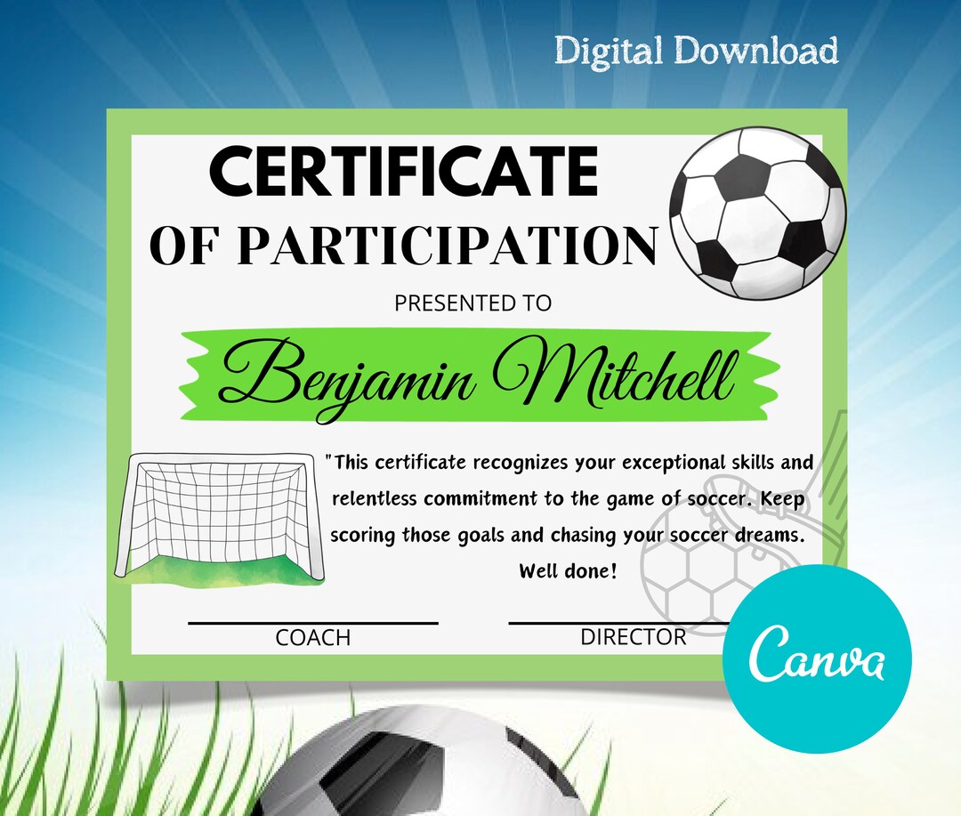 EDITABLE IN CANVA Soccer Certificate Template - Etsy