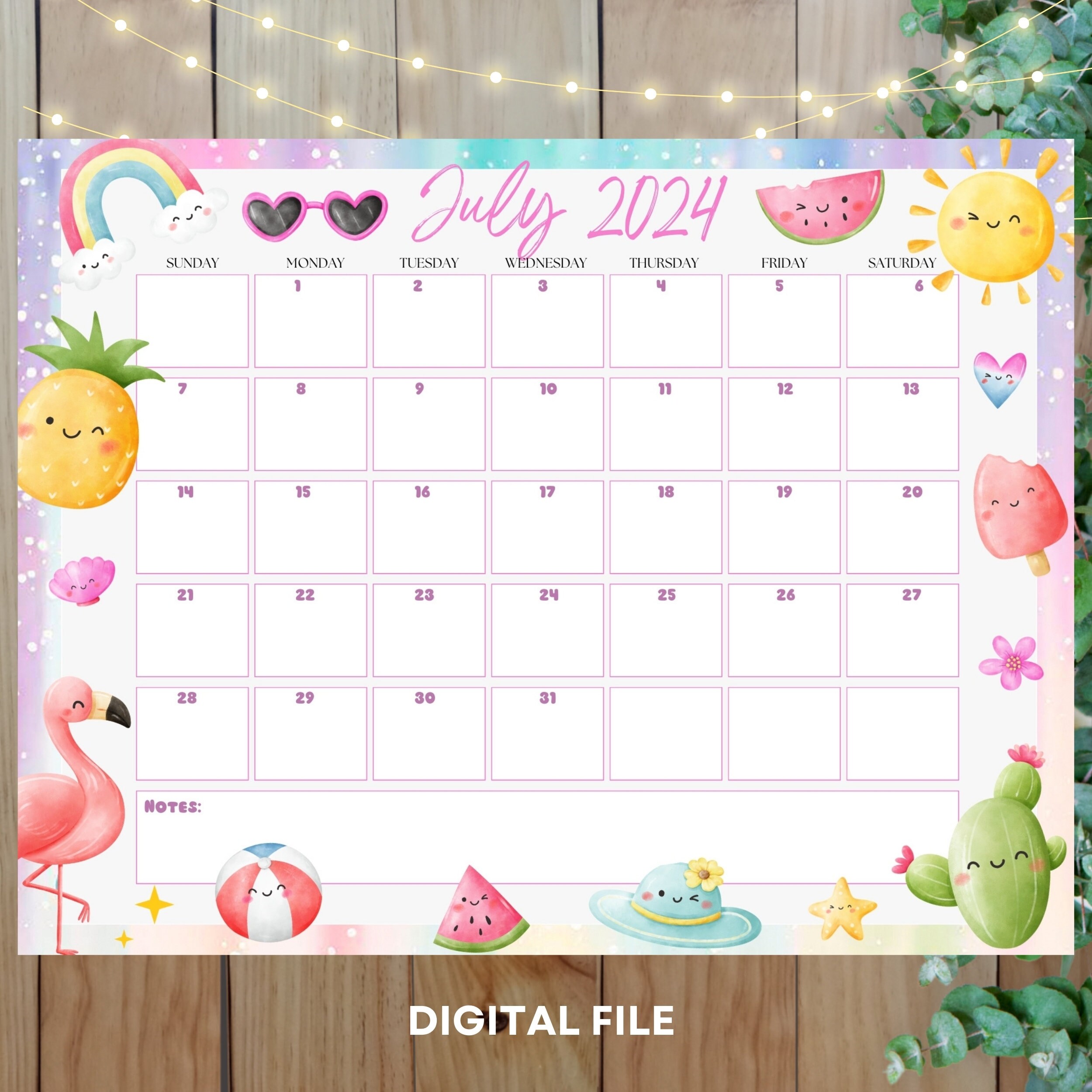 EDITABLE in PDF JULY 2024 Calendar, Summer July Calendar 2024 - Etsy