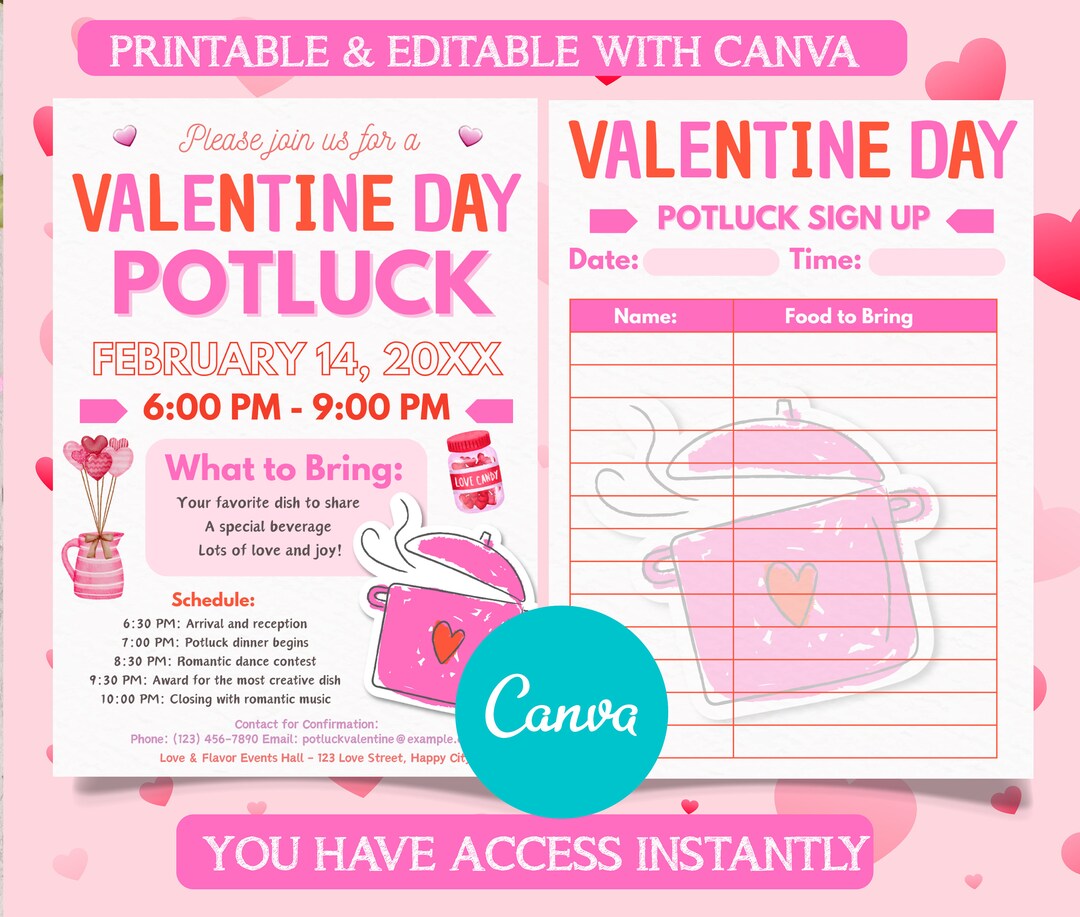 EDITABLE IN CANVA Valentines Potluck Flyer Template + Printable Potluck ...