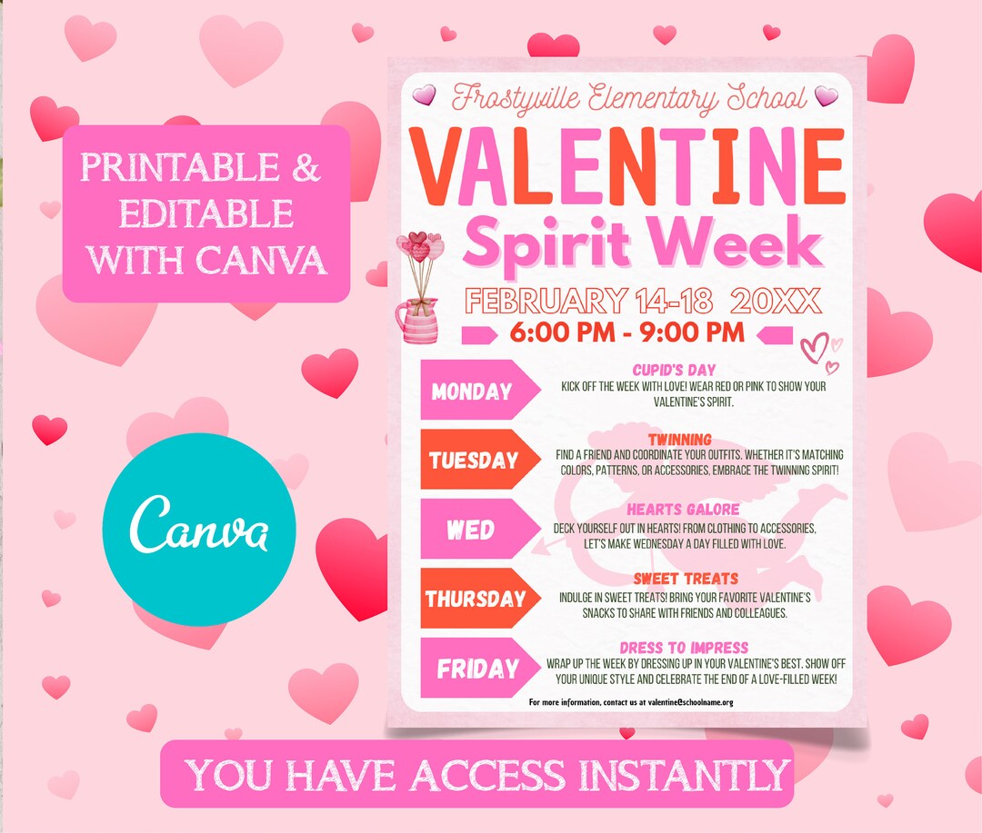 EDITABLE IN CANVA Valentine Spirit Week Flyer, Spirit Week Pto Flyer ...