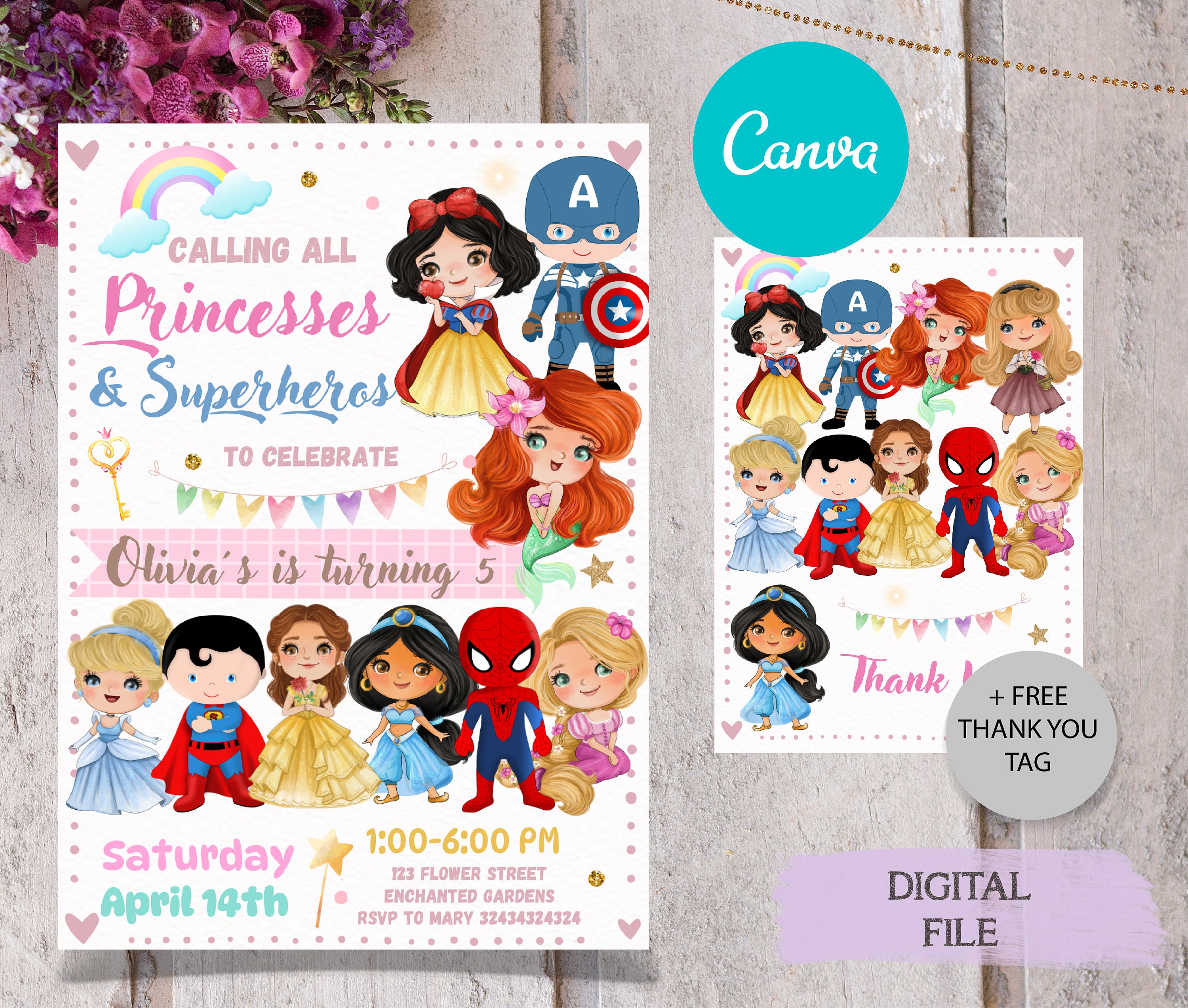 EDITABLE CANVA Princess & Superhero Invitation, Princess and Superhero ...