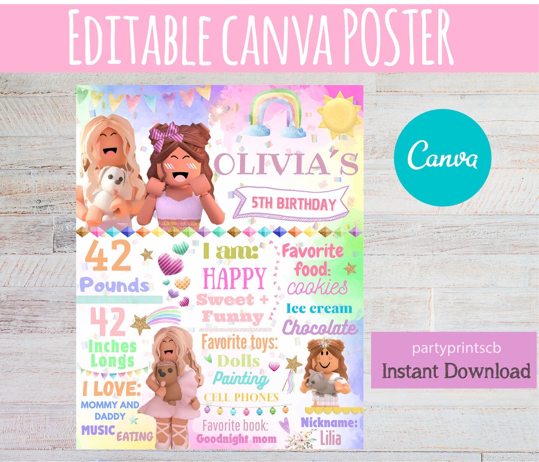 EDITABLE CANVA Roblox Girl Birthday Sign, Roblox Girl Poster - Etsy