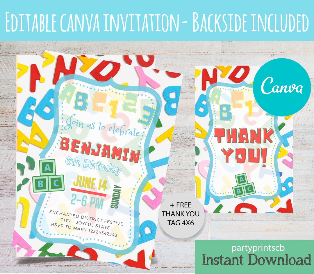 EDITABLE CANVA, Instant Download Alphabet Invitation, Alphabet Theme ...