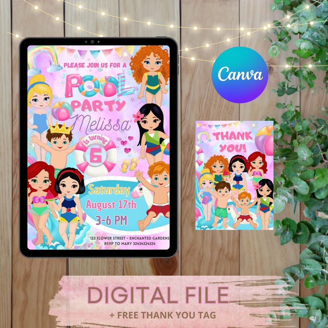 EDITABLE CANVA Princes and Princesses Pool Party Invitation, Princess ...