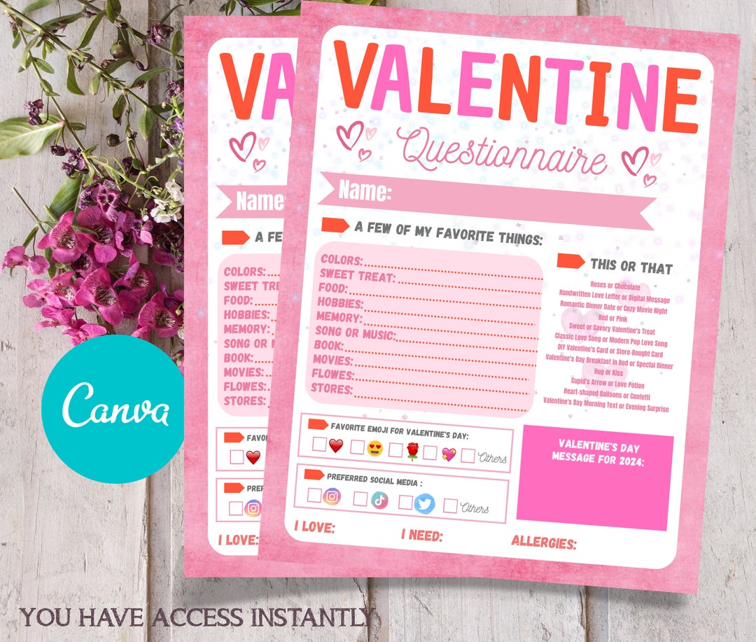 EDITABLE IN CANVA Girl - Valentine Questionnaire Favorite Things ...