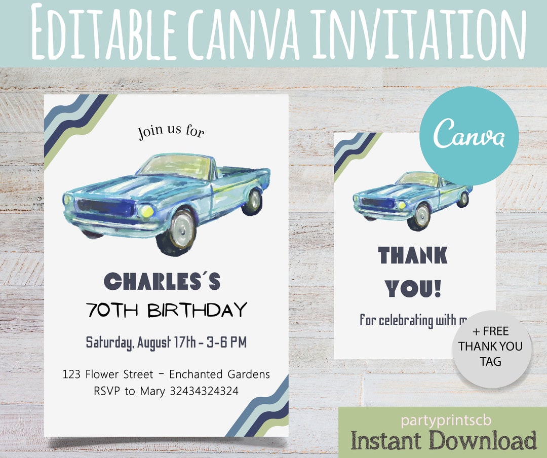 EDITABLE CANVA Classic Car Invitation, Classic Car Birthday Invitations ...