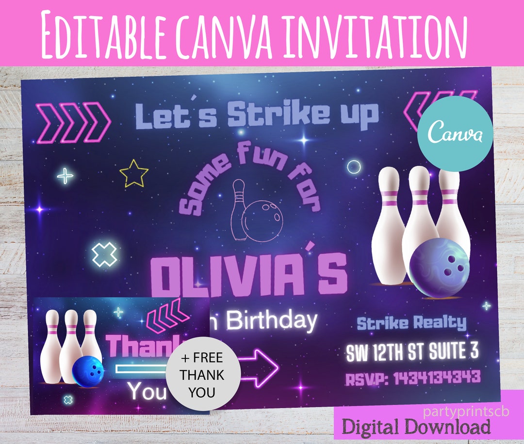 Editable CANVA, Girl Bowling Neon Invitation, Bowling Party Invitation ...