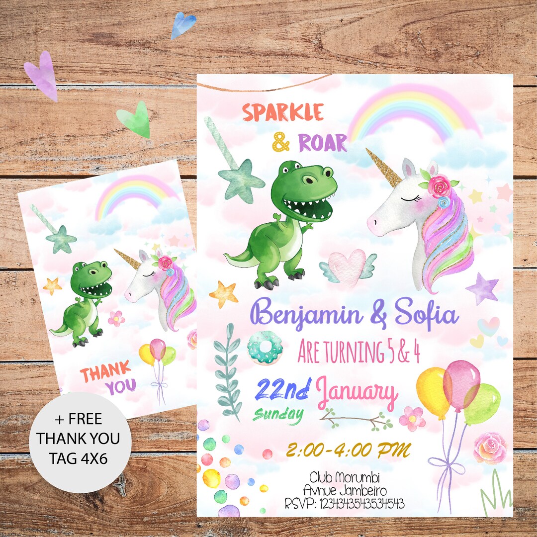 UNICORN and DINOSAUR Birthday Invitation - Etsy