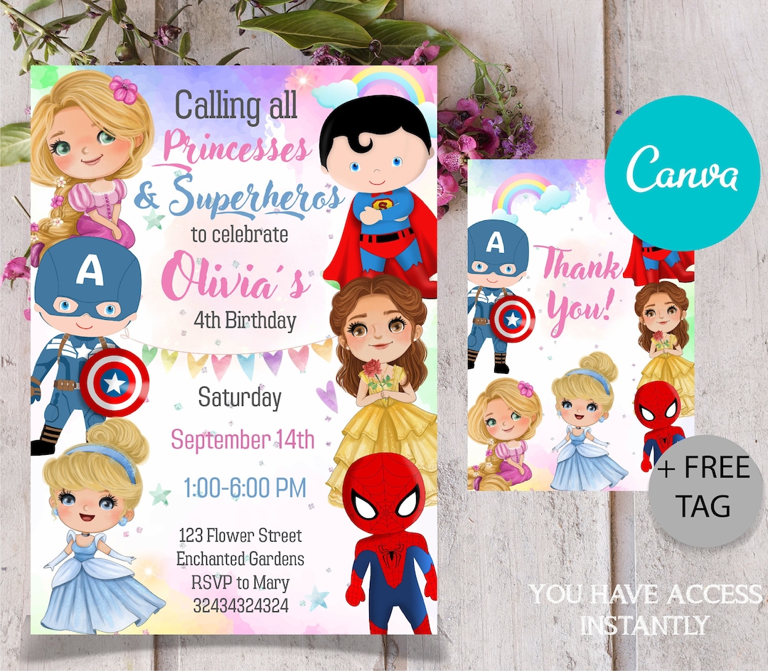 EDITABLE CANVA Princess & Superhero Invitation, Princess and Superhero ...