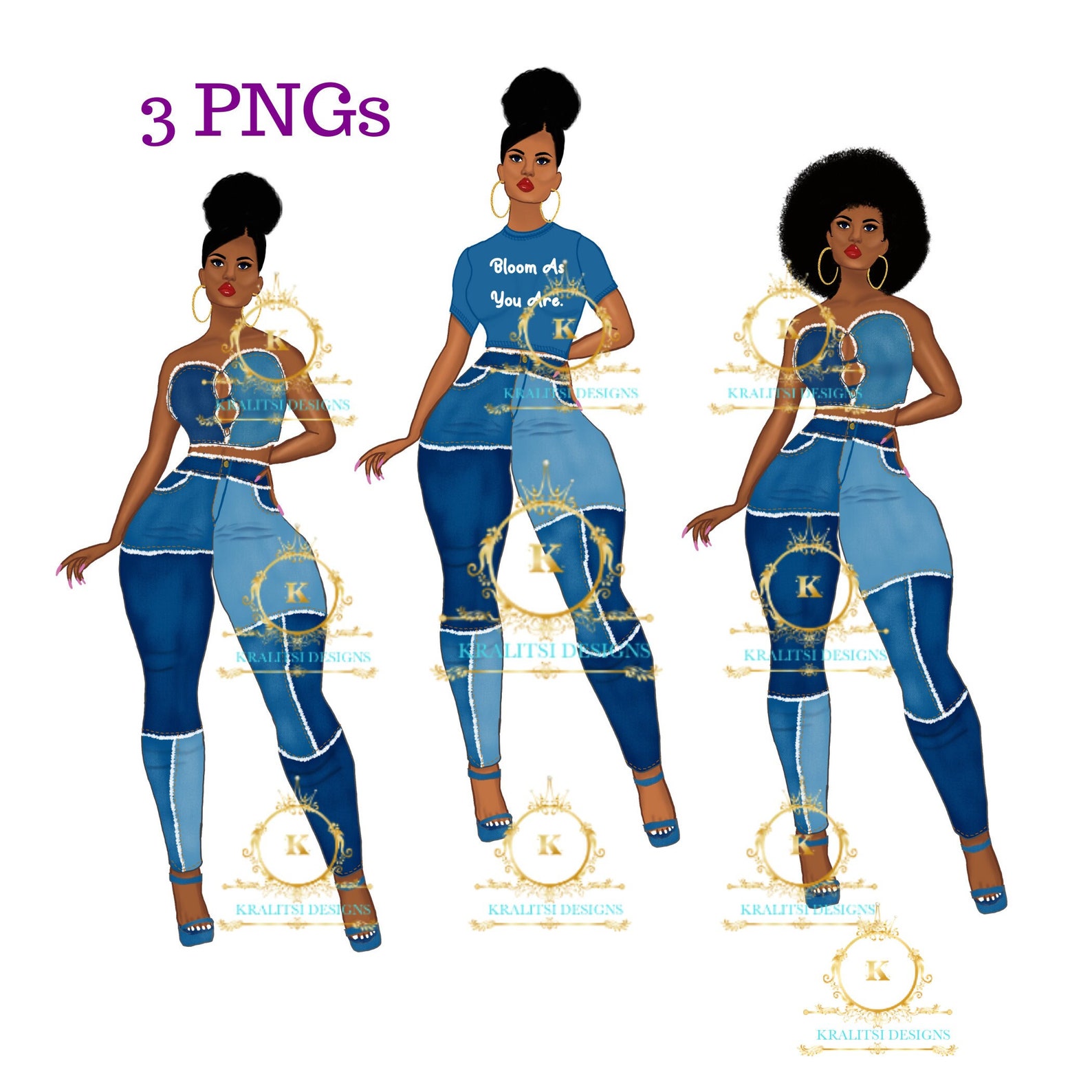 Fashion Clipart Denim Girl Clipart African American Clipart - Etsy