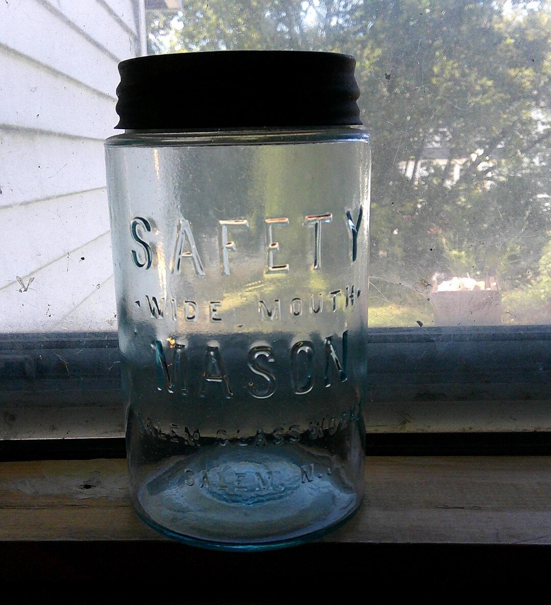 1890 to 1900 Quart Aqua Safety Wide Mouth Mason Salem Glass Works Salem ...