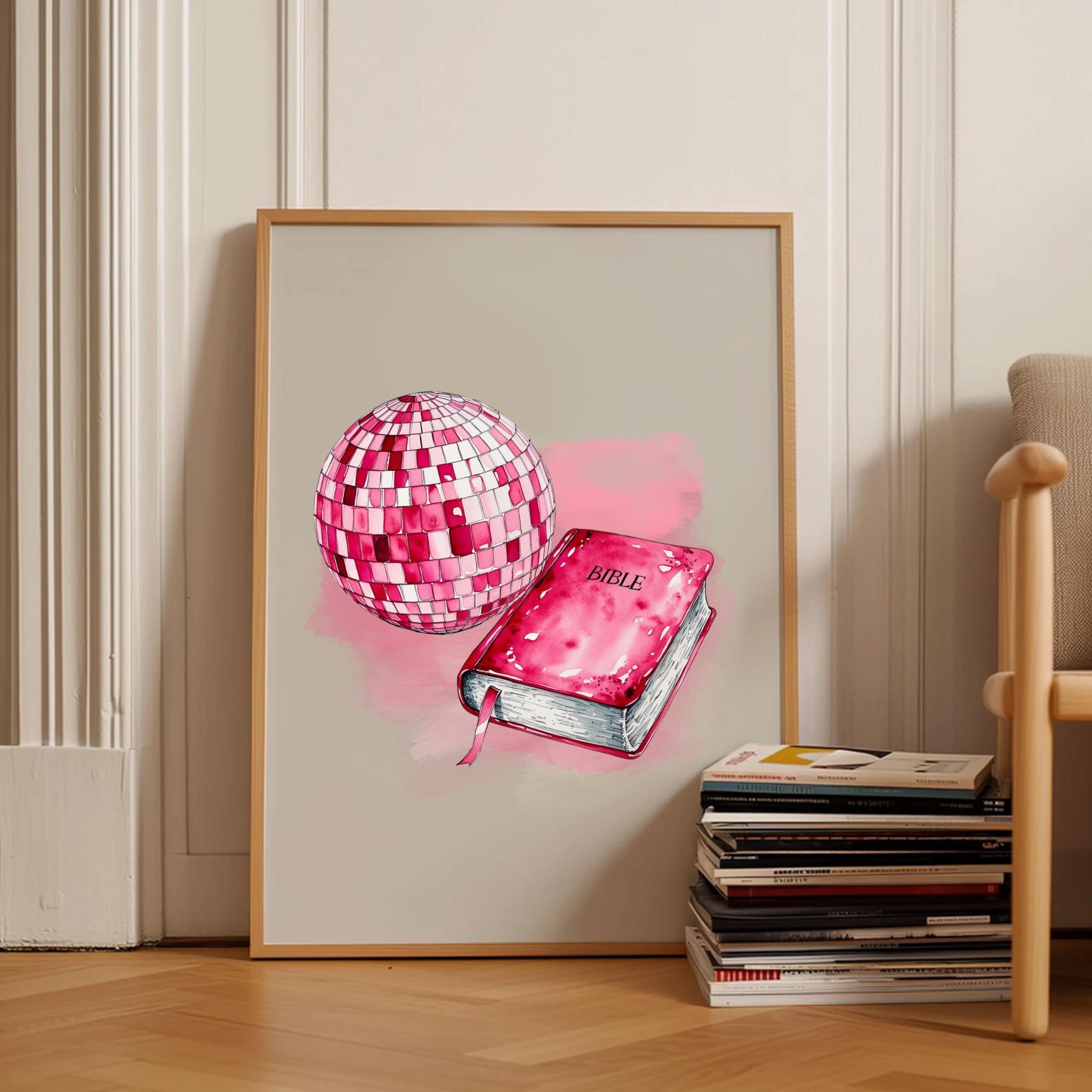 Disco Ball and Bible, Pink Disco Ball Maximalist Painting, Bright ...