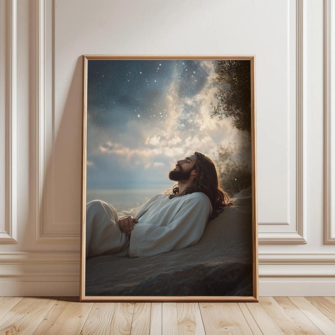 Jesus Looking Into Starry Night Sky, Jesus Reflecting, Modern Christian ...