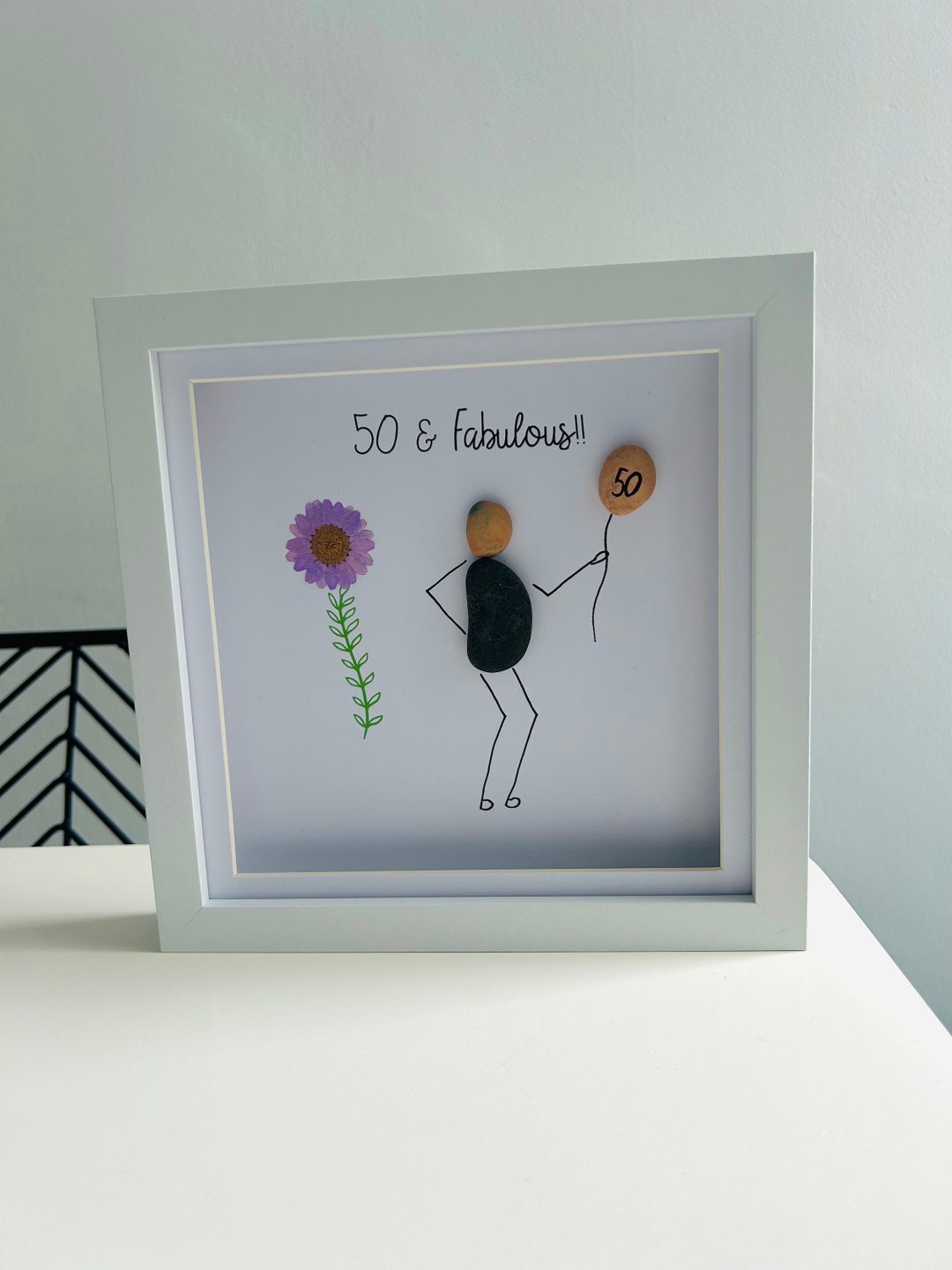 50th Birthday Pebble Art Frame: Handmade Pressed Flower Gift - Special ...