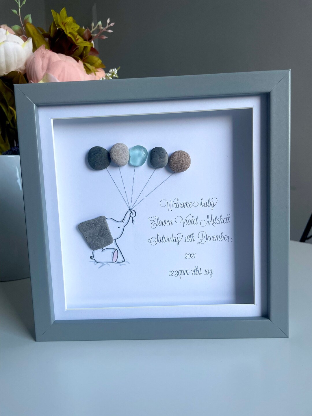 Beautiful Pebble Art Newborn Frame Elephant and Balloons Birth Gift ...