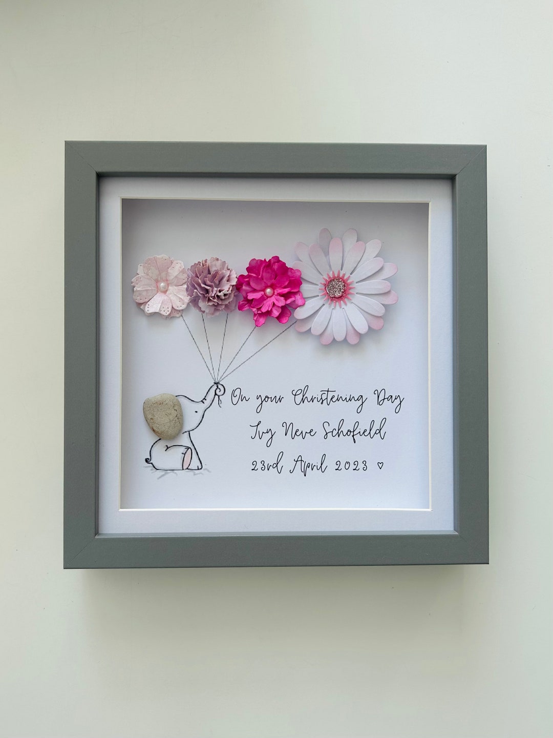 Christening Gift Personalised Pebble Art Frame: Elephant Pink or Blue ...