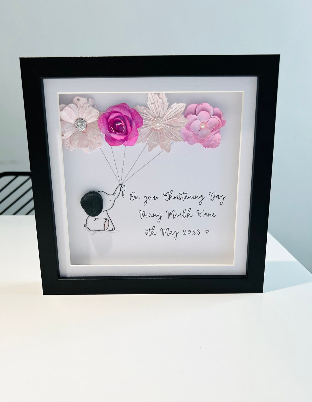 Personalized Baptism Pebble Art Frame: Elephant & Pink Flowers - Etsy UK
