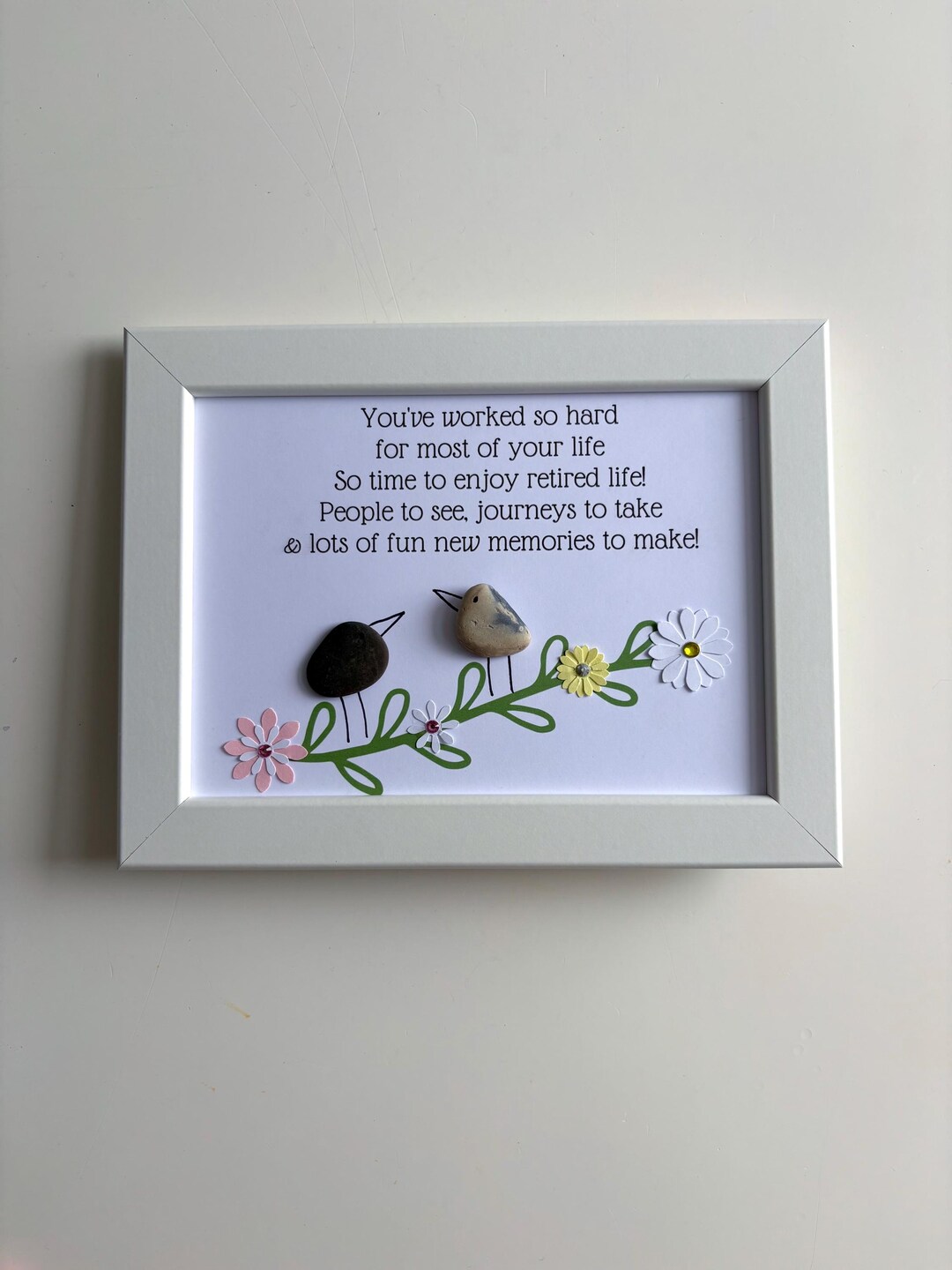 Handmade Retirement Pebble Art Frame: Bird Poem Gift - Flowers ...