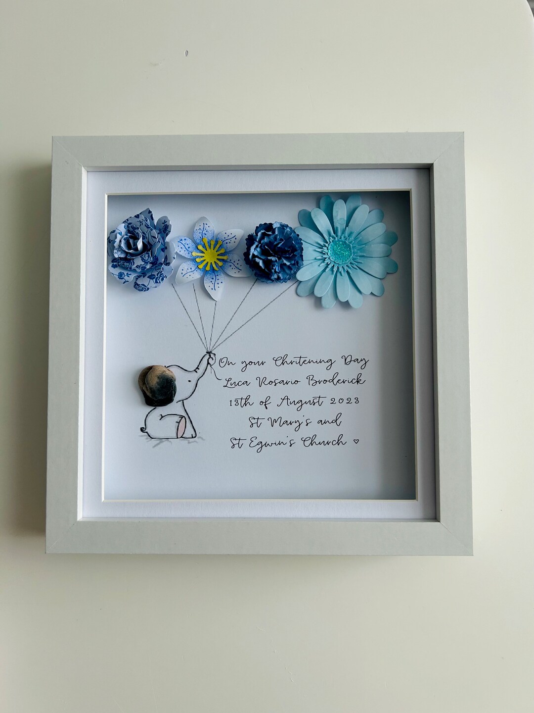 On Your Christening Day Frame Personalised Elephant Blue Flowers Boy ...