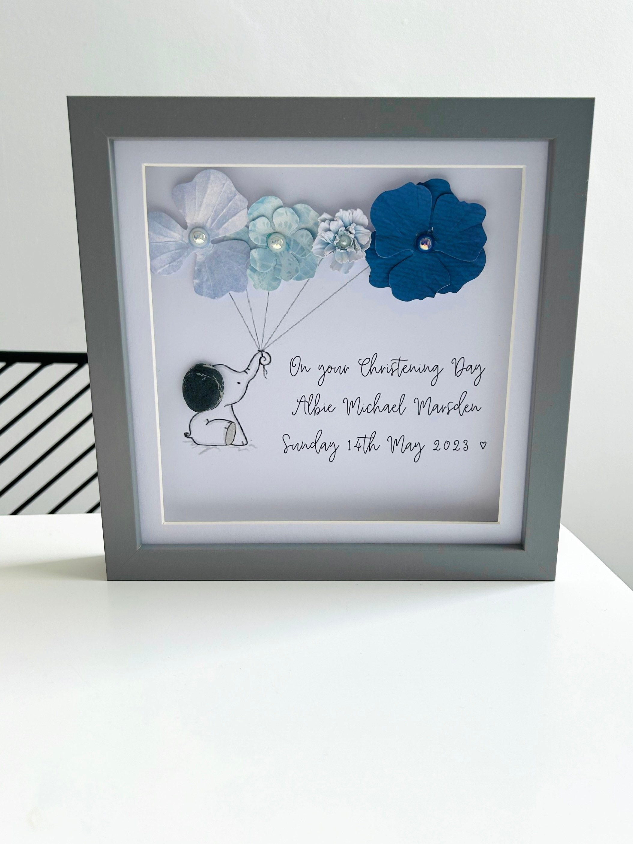 Christening Gift Personalised Pebble Art Frame: Elephant Pink or Blue ...