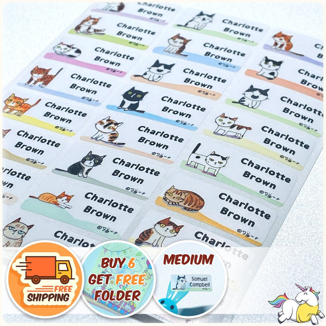 Personalized School Stickers and Labels - Cute Cat Waterproof Name ...