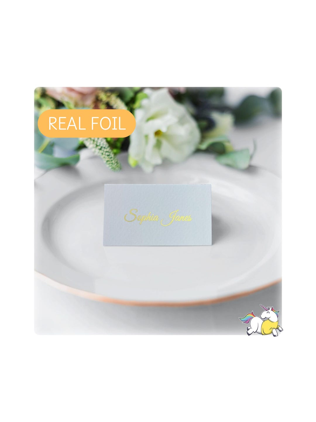Real Foil Guest Name Printed Wedding Table Place Card 3.5x2" (folded ...