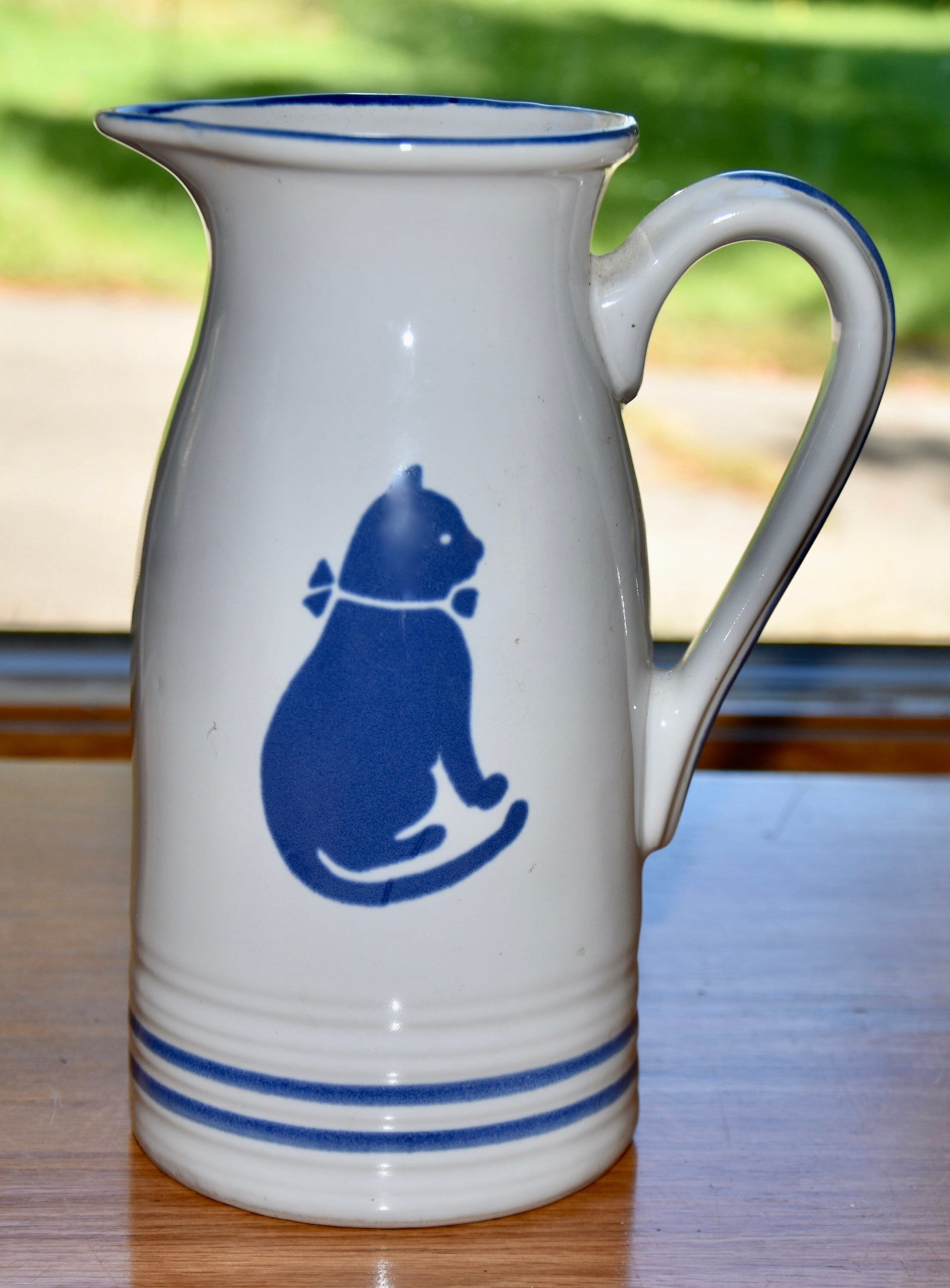 Ceramic Cat Pitcher, Country Blue Ceramic Cat Pitcher, Vintage Cat ...
