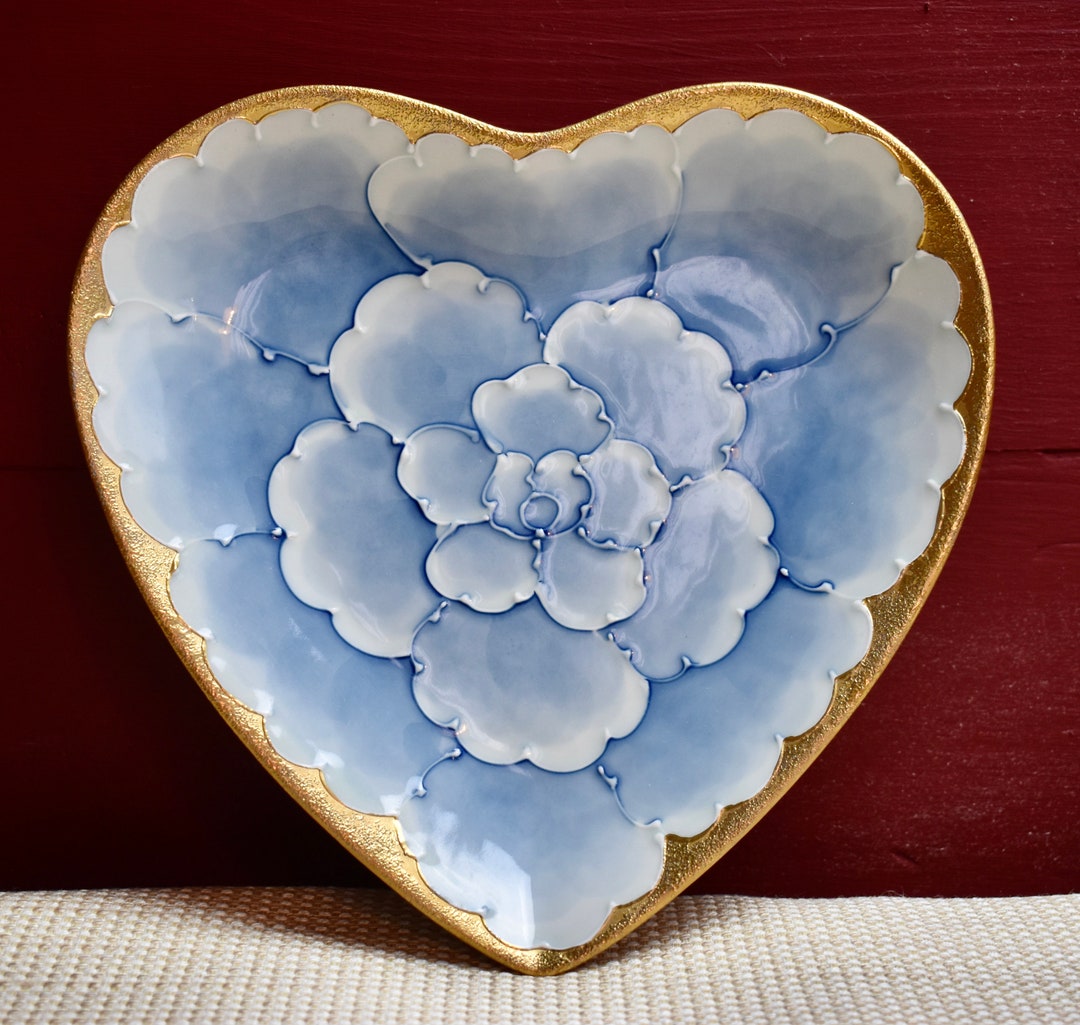 Blue, Ivory and Gold Porcelain Heart Dish, Heart Flower Dish, Heart ...