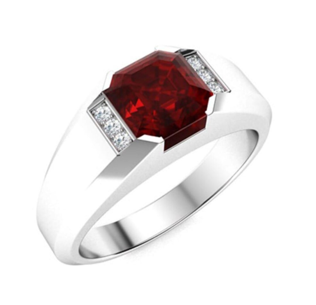 Natural Garnet Mens Ring: Art Deco Sterling Silver, AAA Garnet & Lab ...