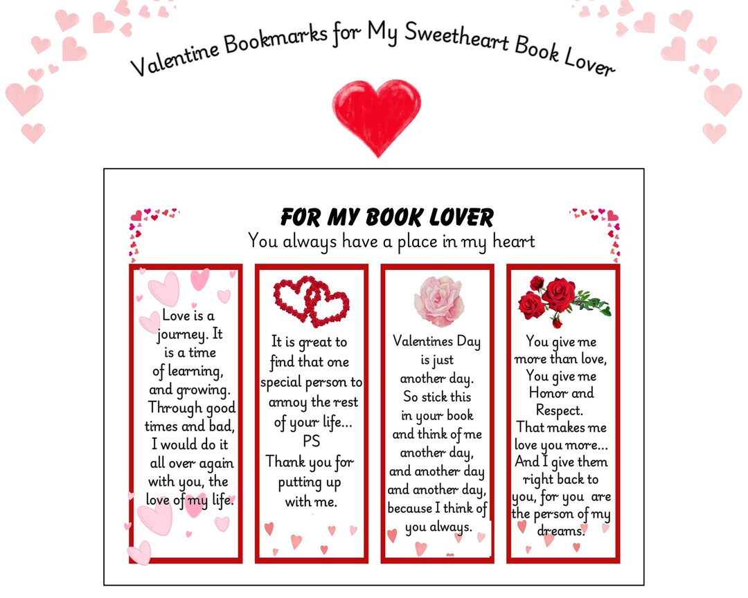 Printable Valentine Bookmarks for Sweetheart - Etsy