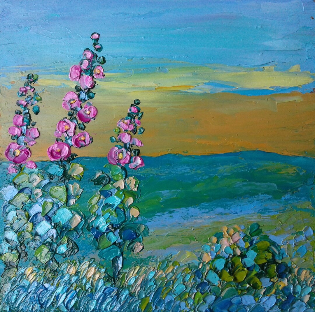 Mallow Oil Painting Original: Sunset Landscape, Hollyhock Art Impasto ...