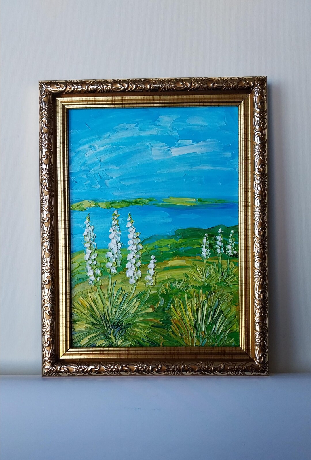 5x7" Framed Lake Shore Oil Painting Original: Blooming Yucca, Midwest ...
