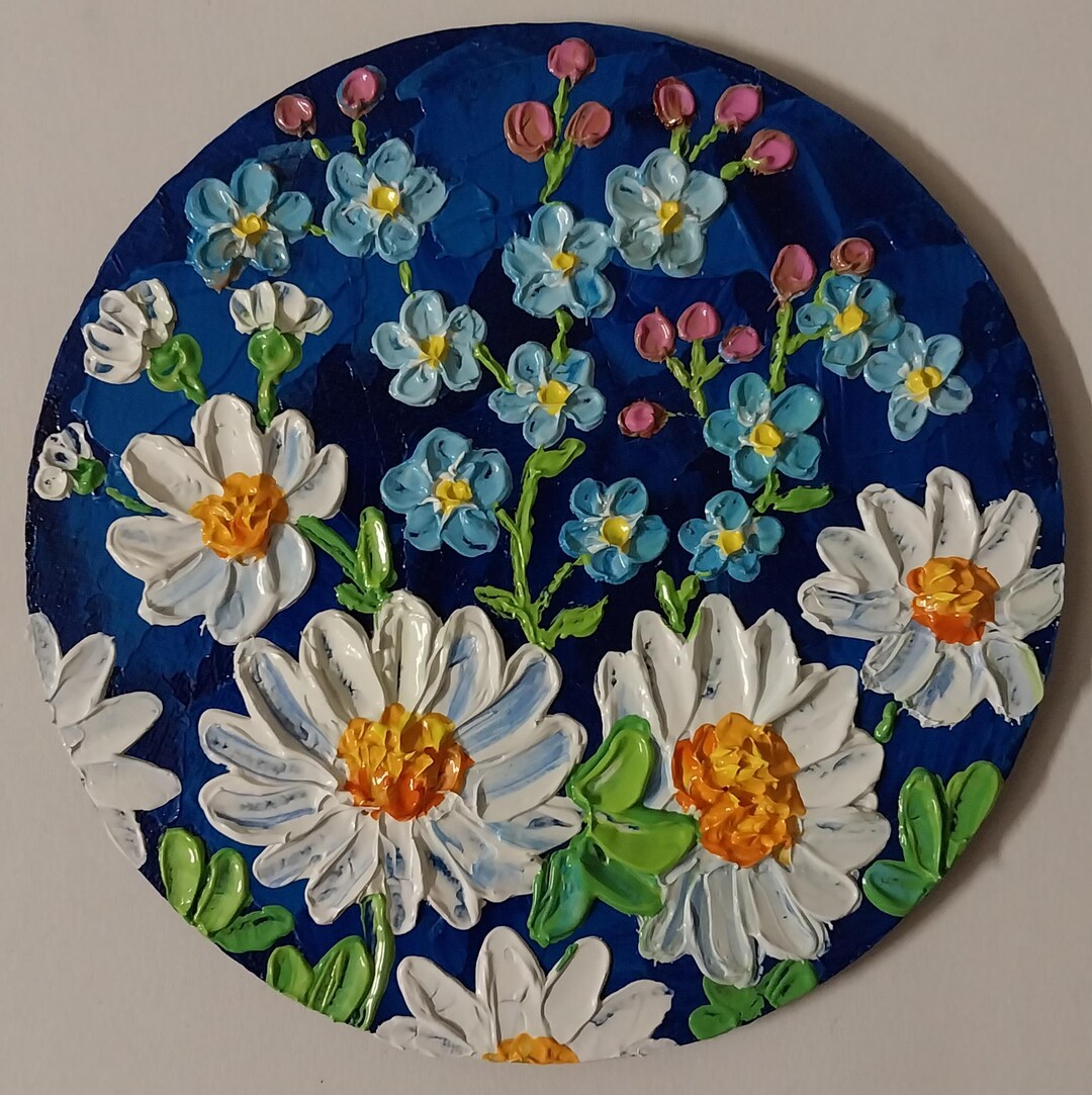 Round Art Daisies & Forget-me-nots Oil Painting Original: Impasto ...