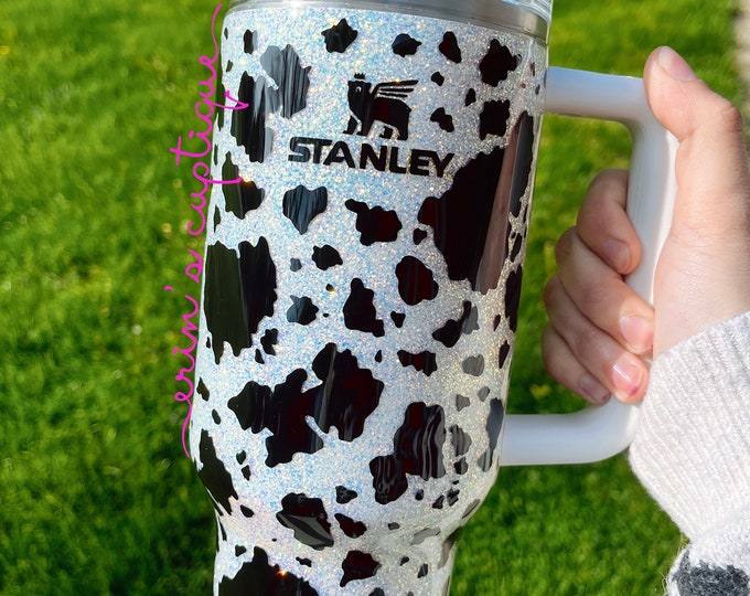 Custom Cow Hide Authentic Stanley Tumbler Epoxy Glitter Cow Print ...
