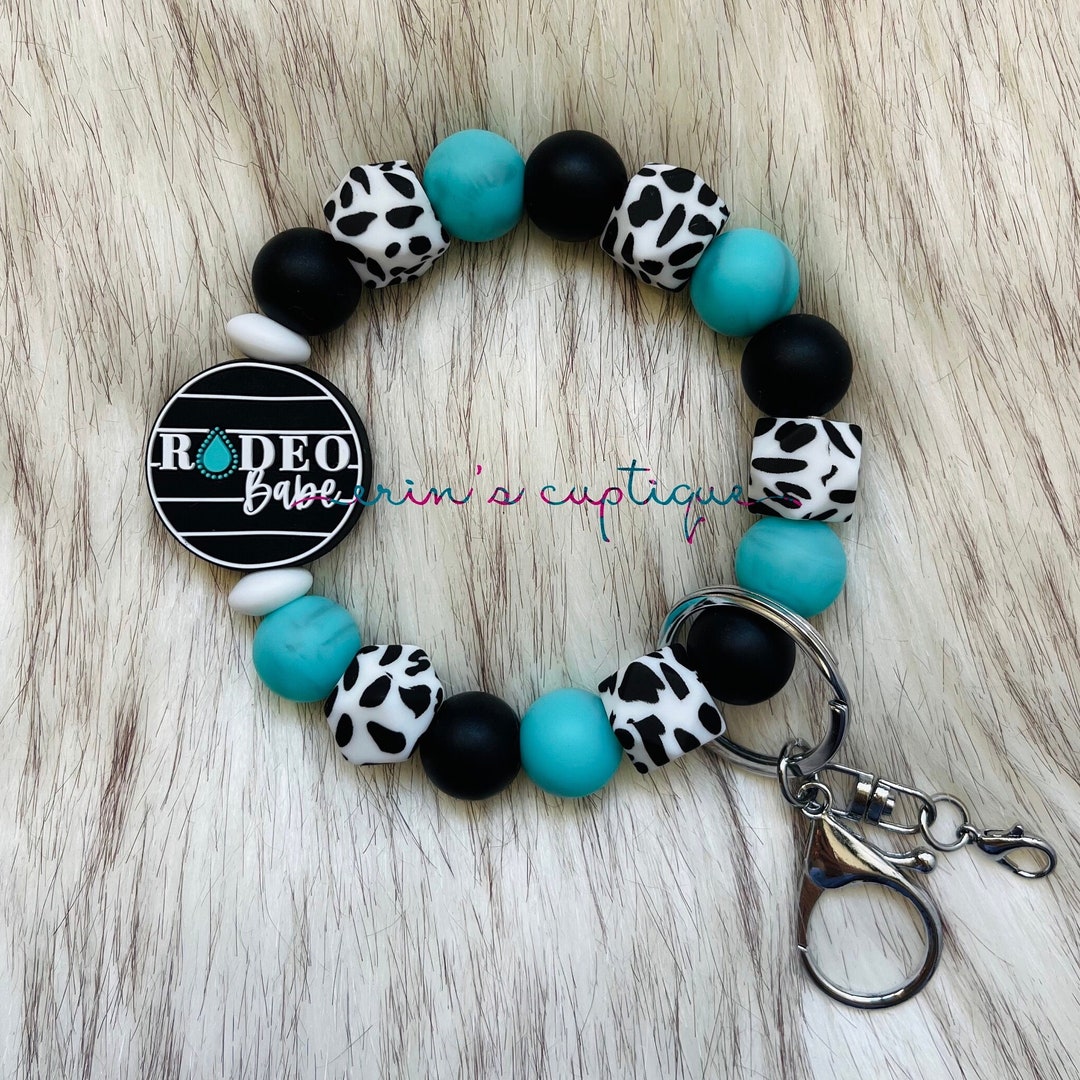 Rodeo Babe Western Cow Print and Turquoise Beaded Wristlet Keychain ...