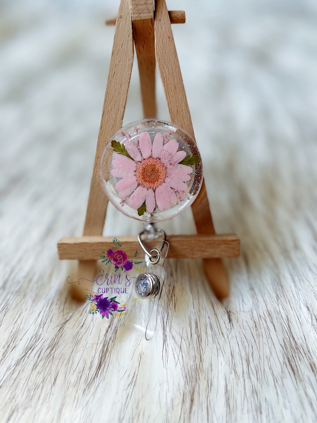 Real Flower Glitter Badge Reel or Lanyard, Floral Badge Reel, Teacher ...