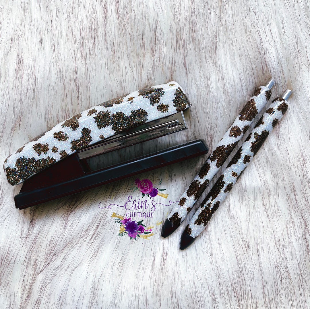 Custom Cowhide Glitter Stapler and Pen Set, Custom Glitter Stapler ...