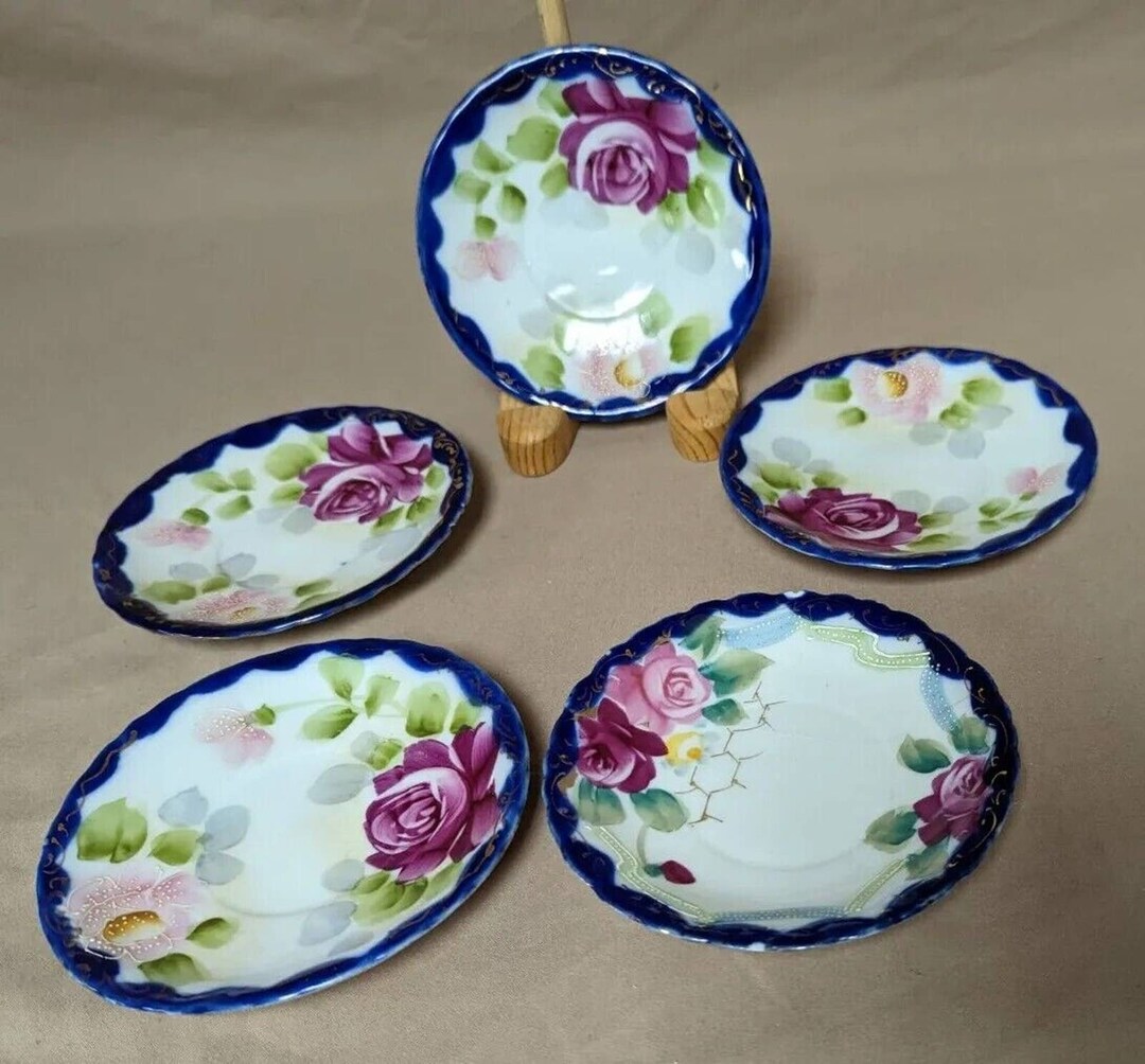Set of 5 Rare TE-OH Nippon EOC 16 Colbalt Blue Gold Rim 5 Saucers Vhtf ...