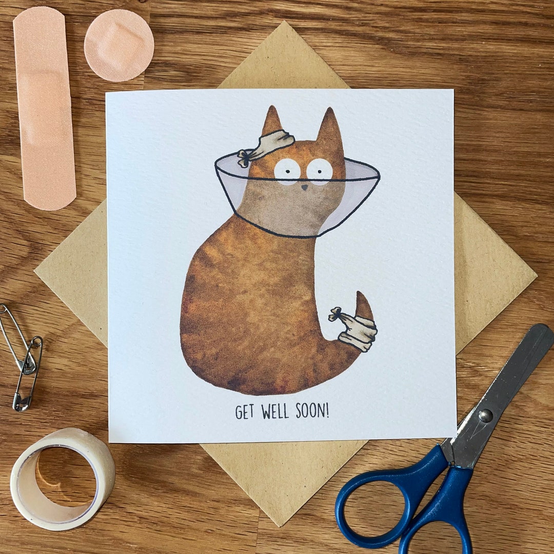 Funny Cat Get Well Soon Card: Cone - Etsy UK
