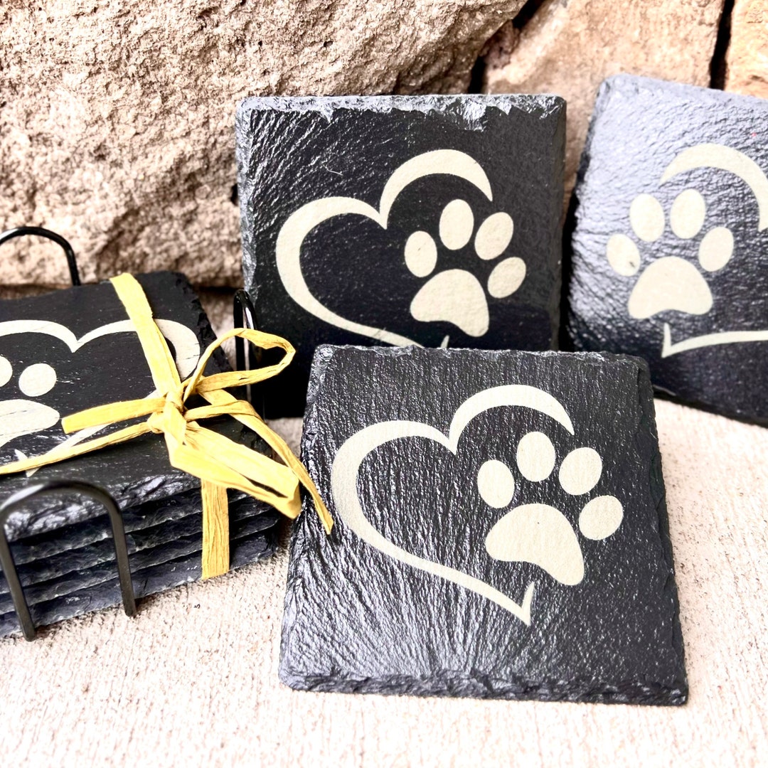 Paw Print in Heart Slate Coasters - Set of 4 or 6 Slate Coasters - With ...