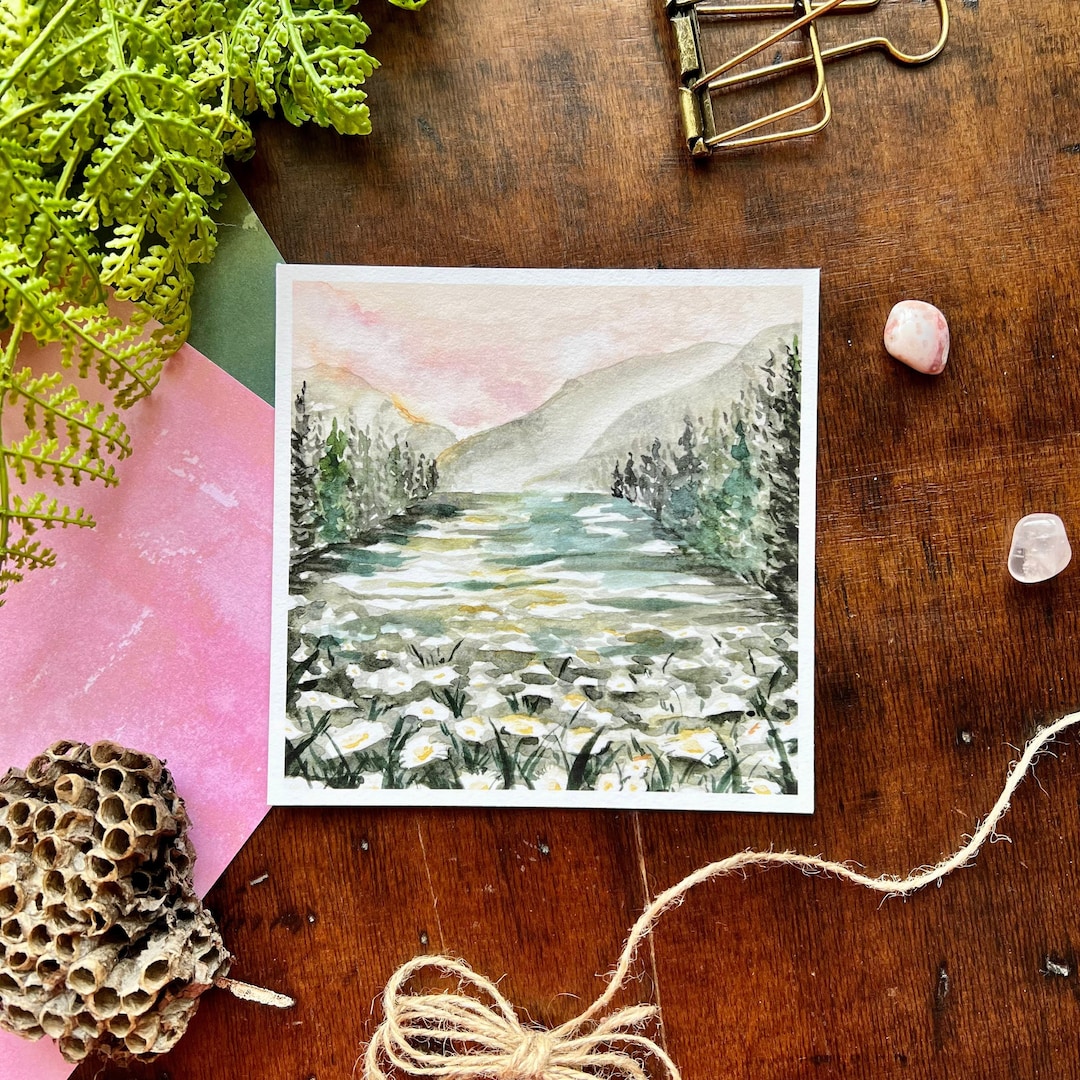 Daisy Field Art Print | Landscape | Flowers | Mountains | Watercolor ...