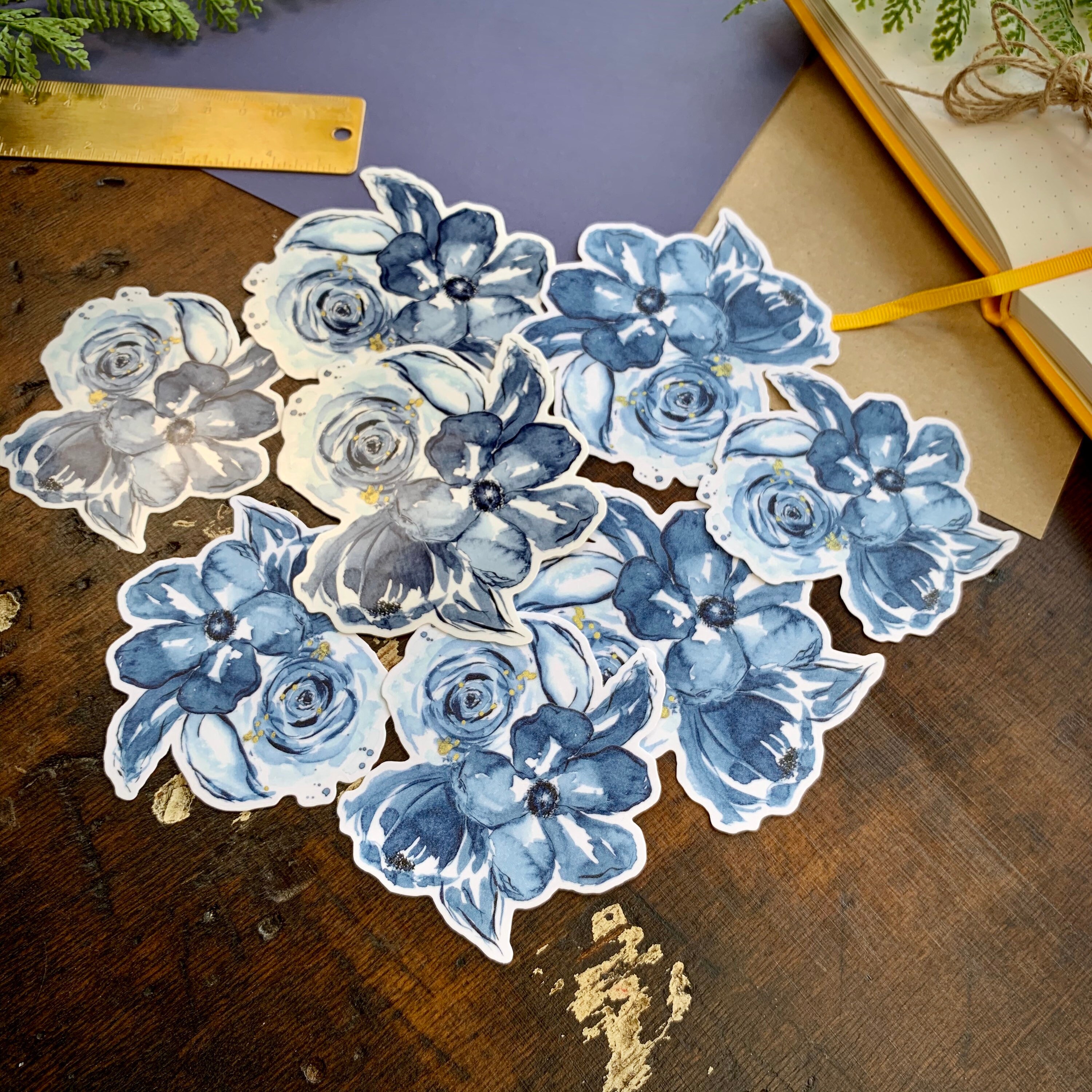 Blue Floral Vinyl Sticker, Watercolor Sticker, Gold Ink, Flowers, Peony ...