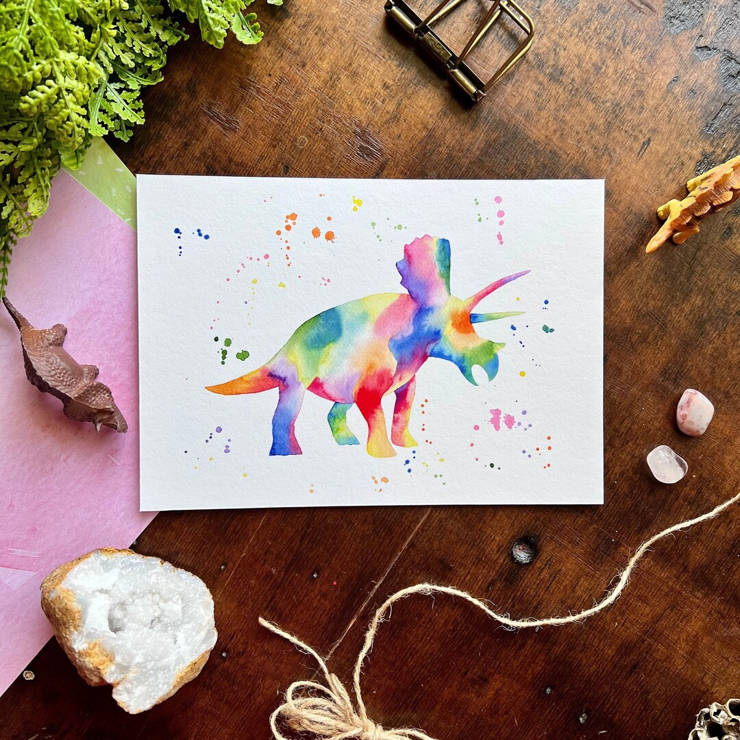 Rainbow Triceratops Watercolor Art Print | Watercolor Painting ...