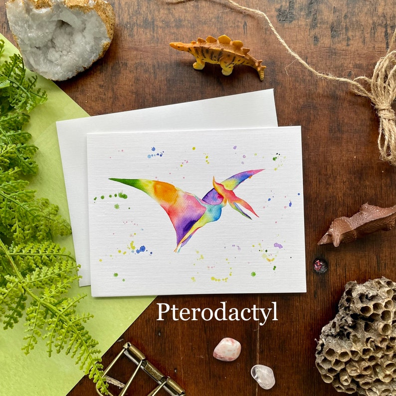 Rainbow Dinosaur Watercolor Cards, T Rex, Brachiosaurus, Pterodactyl ...