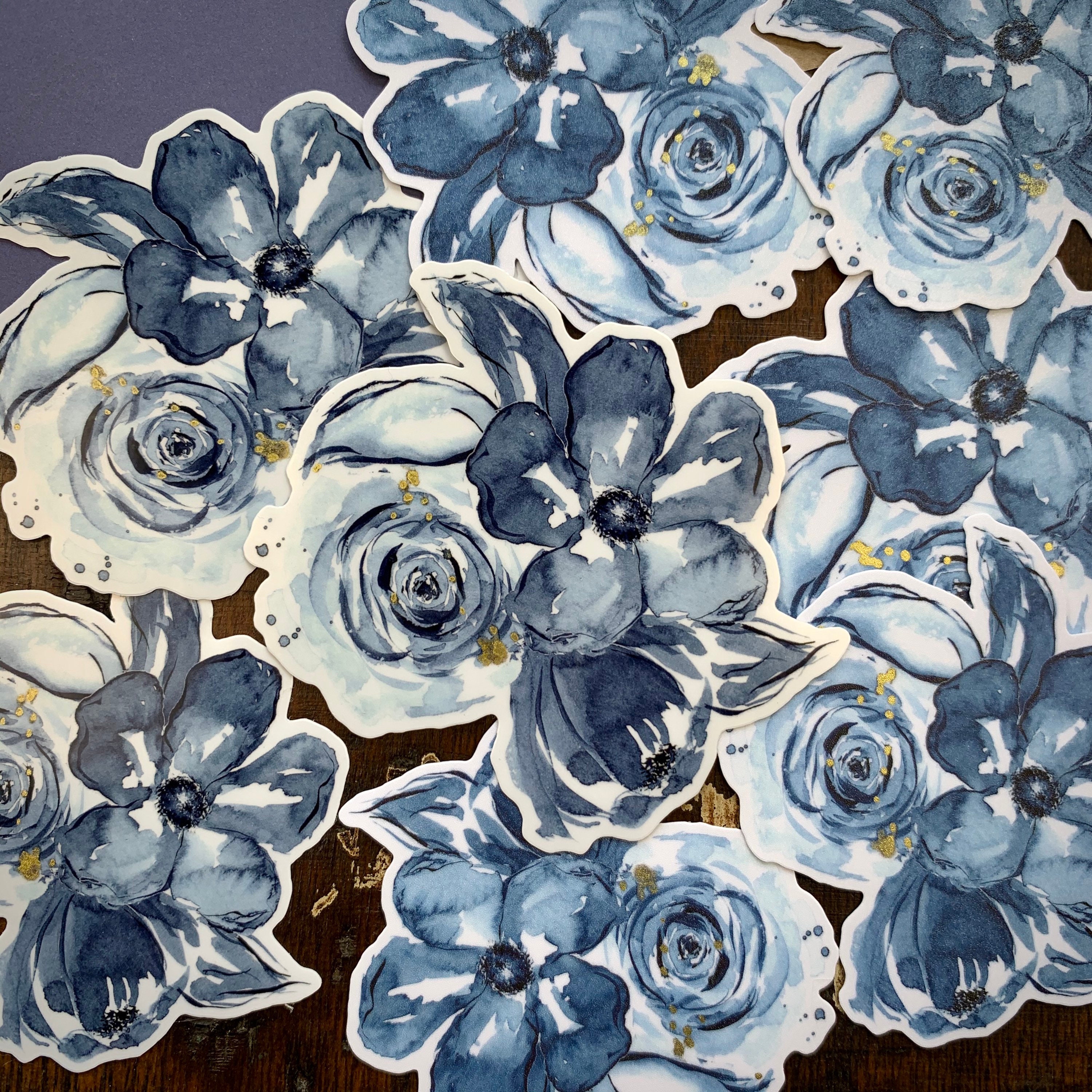 Blue Floral Vinyl Sticker, Watercolor Sticker, Gold Ink, Flowers, Peony ...
