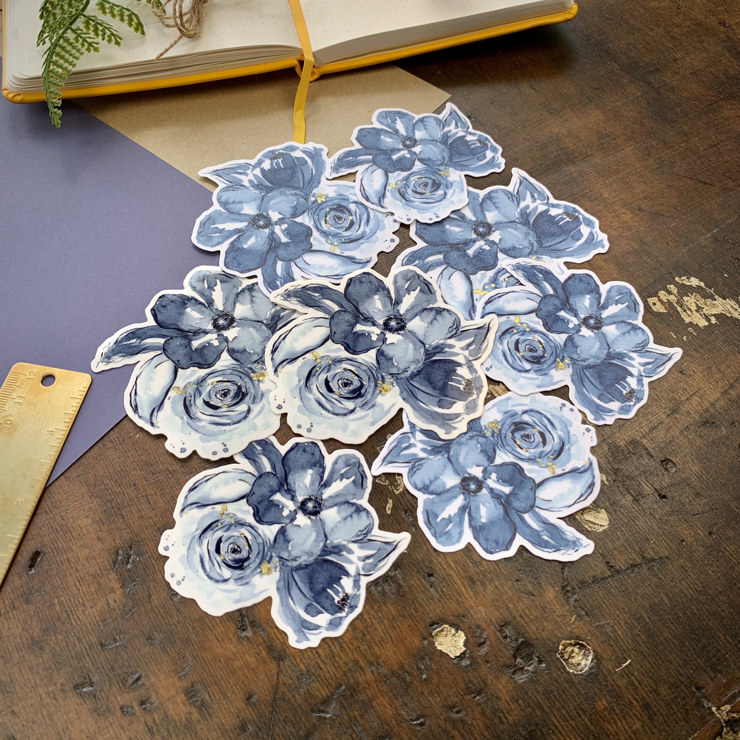 Blue Floral Vinyl Sticker, Watercolor Sticker, Gold Ink, Flowers, Peony ...