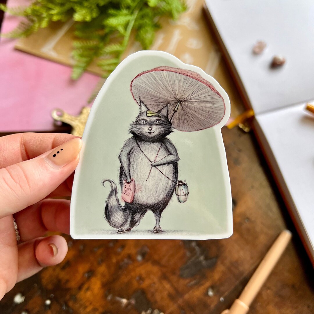 Tanuki Vinyl Sticker | Raccoon | Yokai | Mushroom | Laptop Decal ...