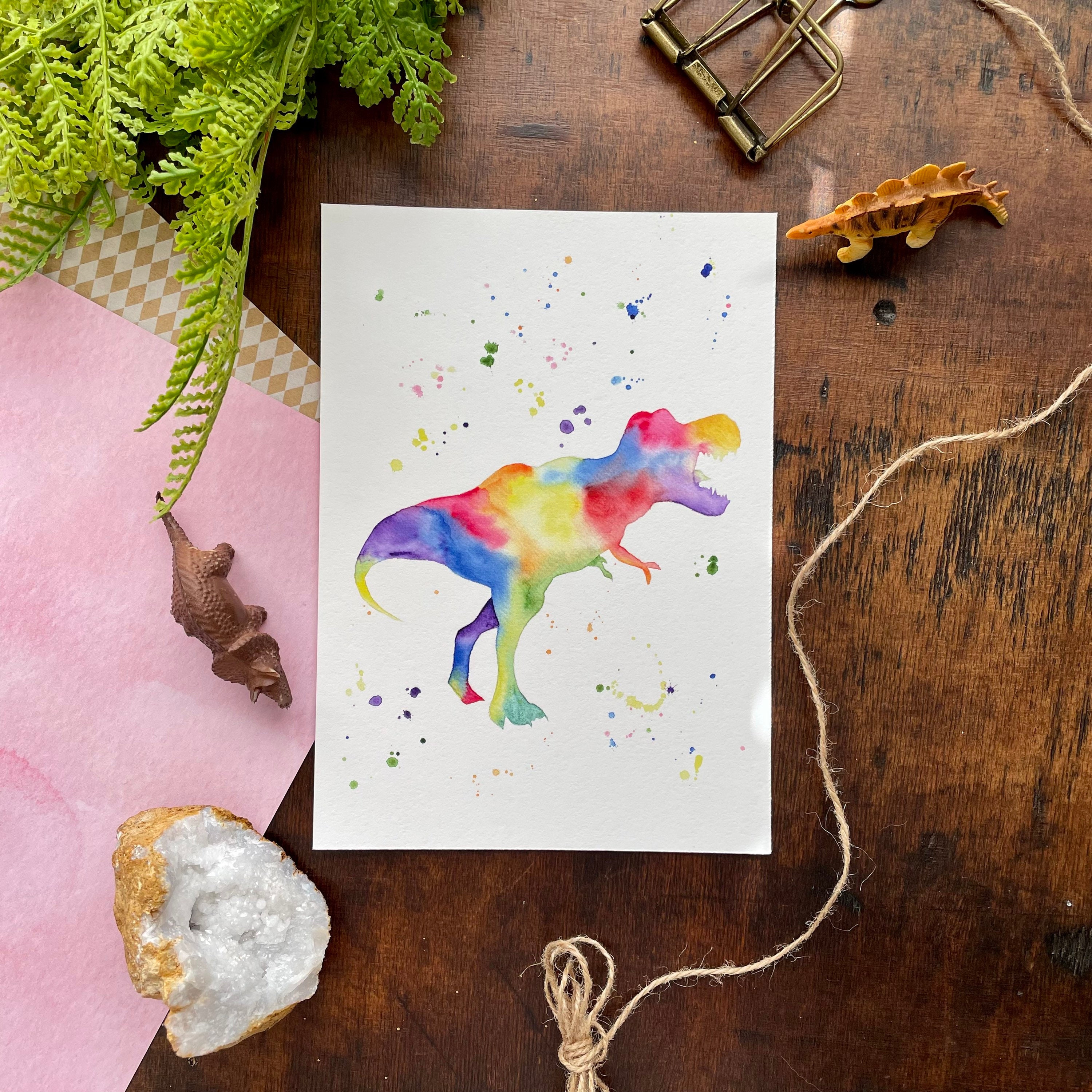 Rainbow T Rex Watercolor Art Print Watercolor Painting - Etsy