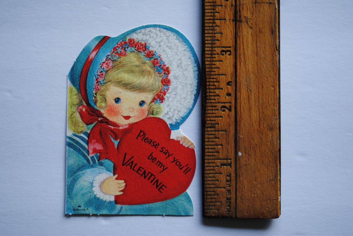 1970's Please Say You'll Be My Valentine - Rosy Cheeks Girl With Blue ...